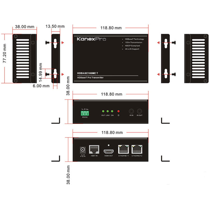 KanexPro 4K HDBaseT 100 Meter HDMI Extender w/ 2-Port Ethernet Switch ...