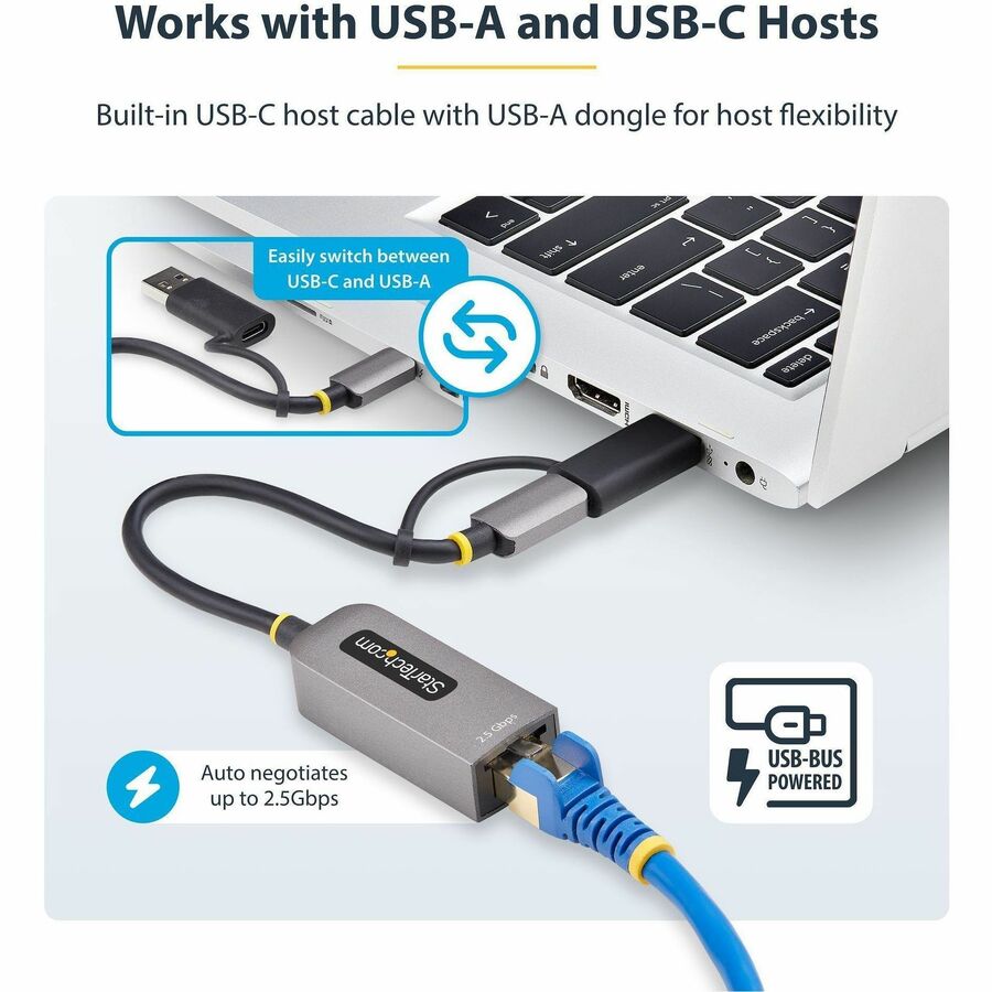 StarTech.com 2.5GbE USB-C to Ethernet Adapter with USB-A Converter, NB ...
